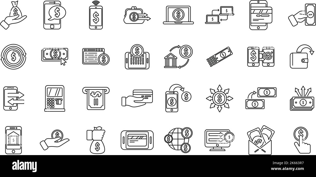 Transfer money icons set outline vector. Credit card. Money bank Stock ...
