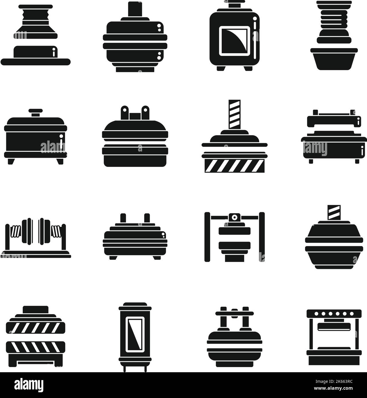 Press form machines icons set simple vector. Formation manufacturing. Action equipment Stock ...