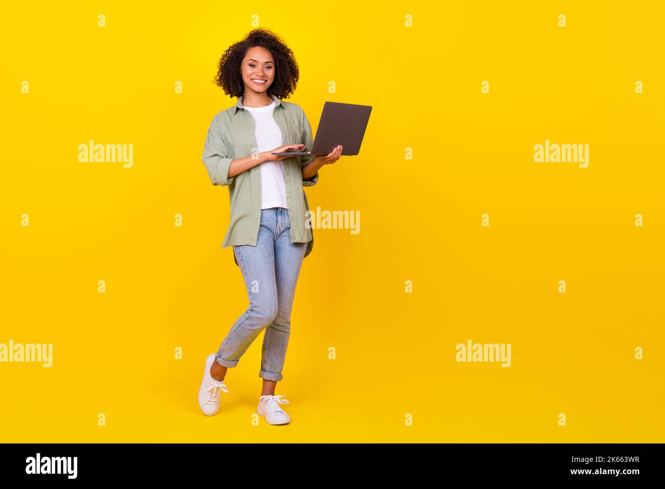 Full size photo of hr young brunette lady work laptop wear shirt jeans ...