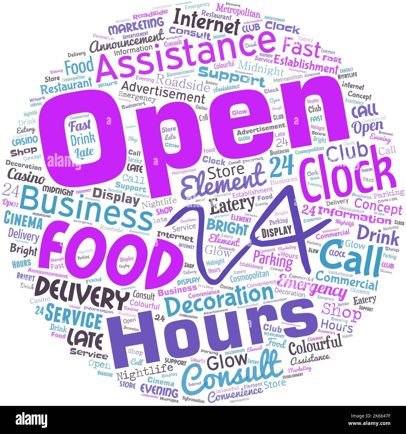 Big word cloud in the shape of circle with words open 24 Hours ...