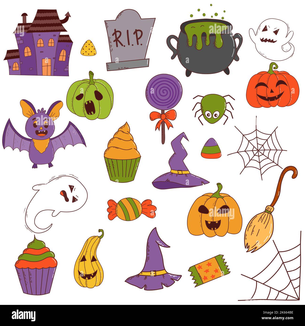 Funny halloween set: pumpkin, ghost, witch hat, bat, sweets, spider ...