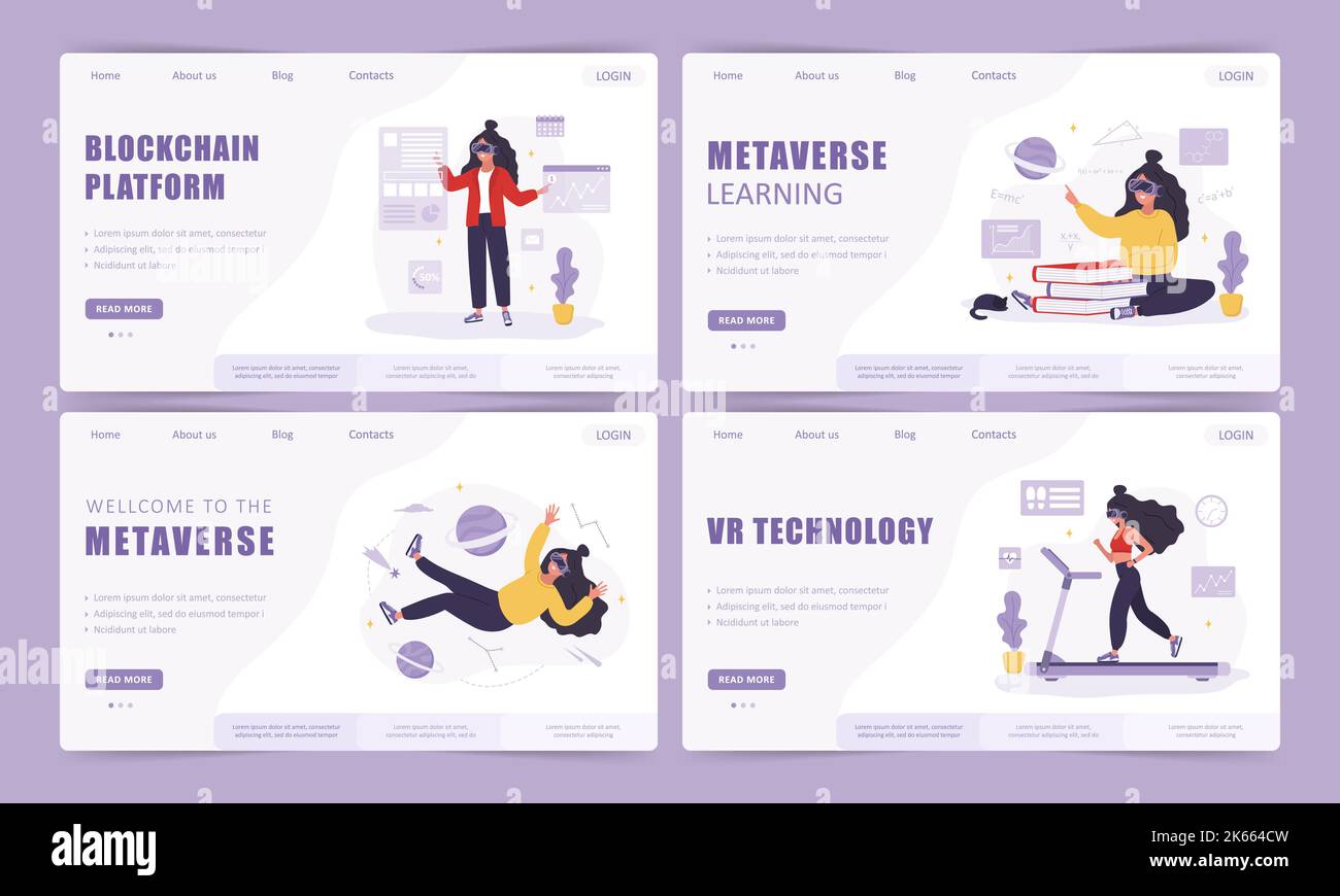Metaverse landing page template collection. Woman wearing VR glasses ...