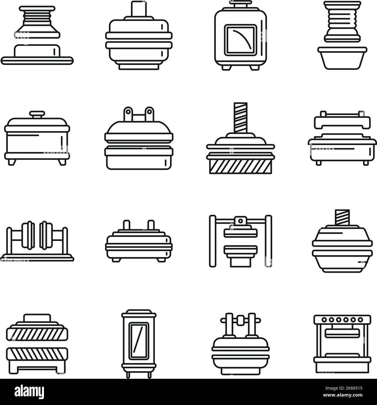 Press form machines icons set outline vector. Formation manufacturing ...
