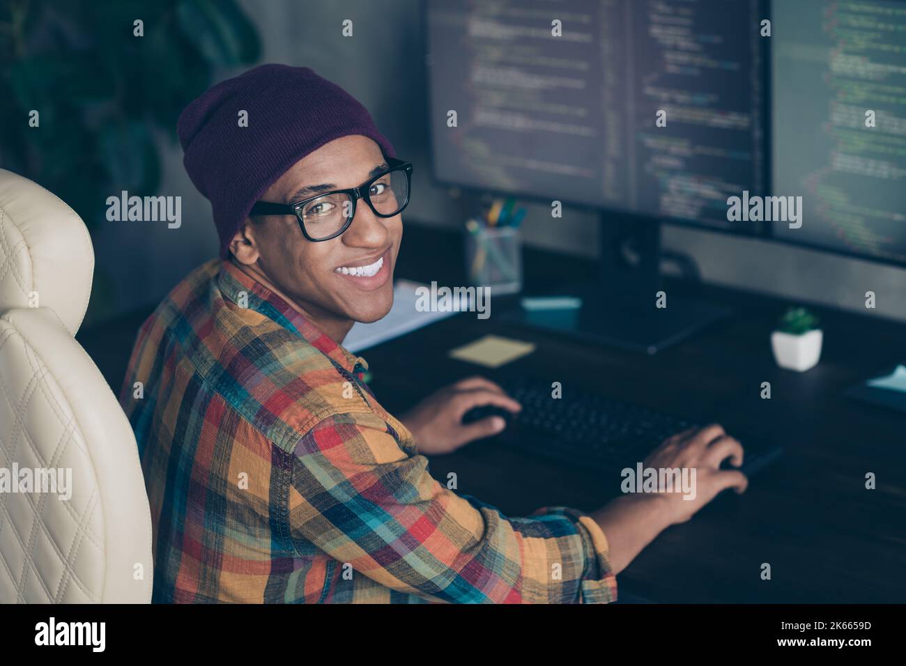 Profile photo of cheerful front end developer sitting chair keyboard ...