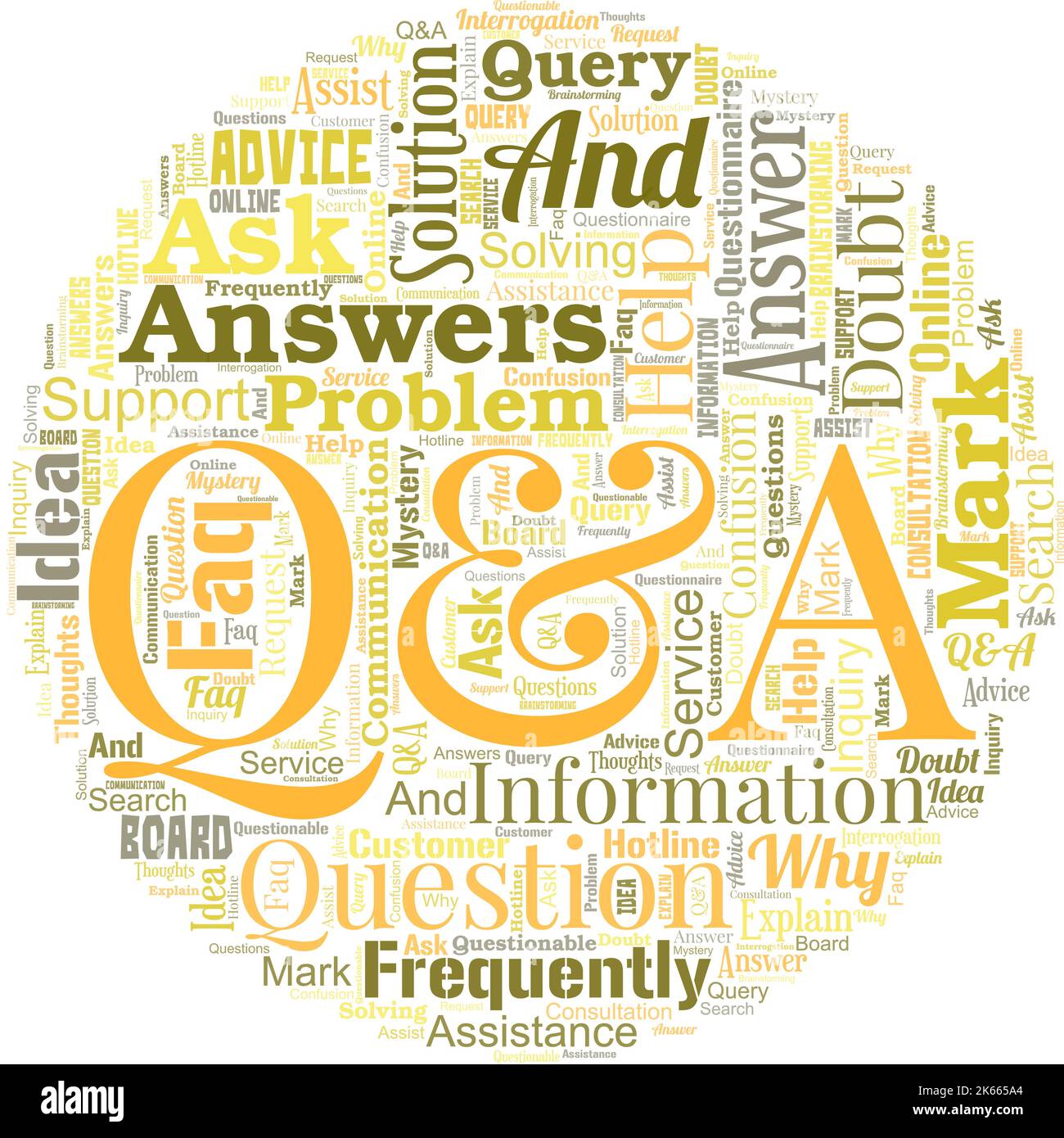 Big word cloud in the shape of circle with words Q and A.. Questions ...