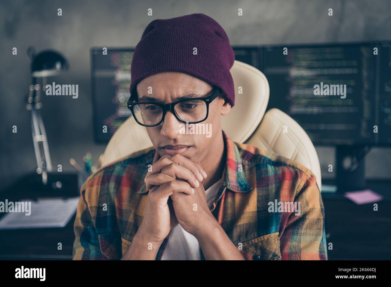 Photo of minded intelligent guy sitting chair hands touch chin ...