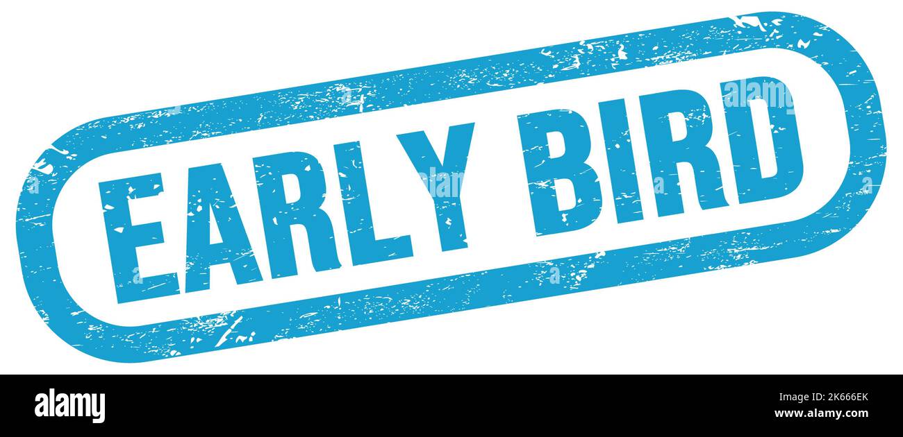 EARLY BIRD, text on blue rectangle stamp sign Stock Photo - Alamy