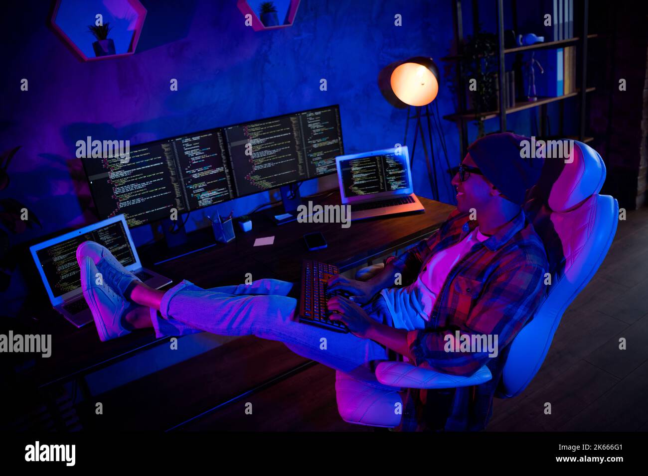 Full body profile photo of hacker guy sit chair keyboard typing server ...