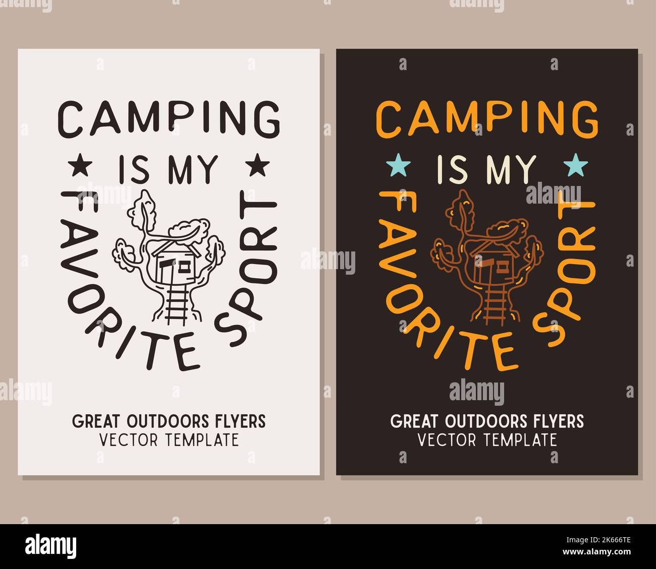 Camping flyer templates. Travel adventure posters set with line art and ...