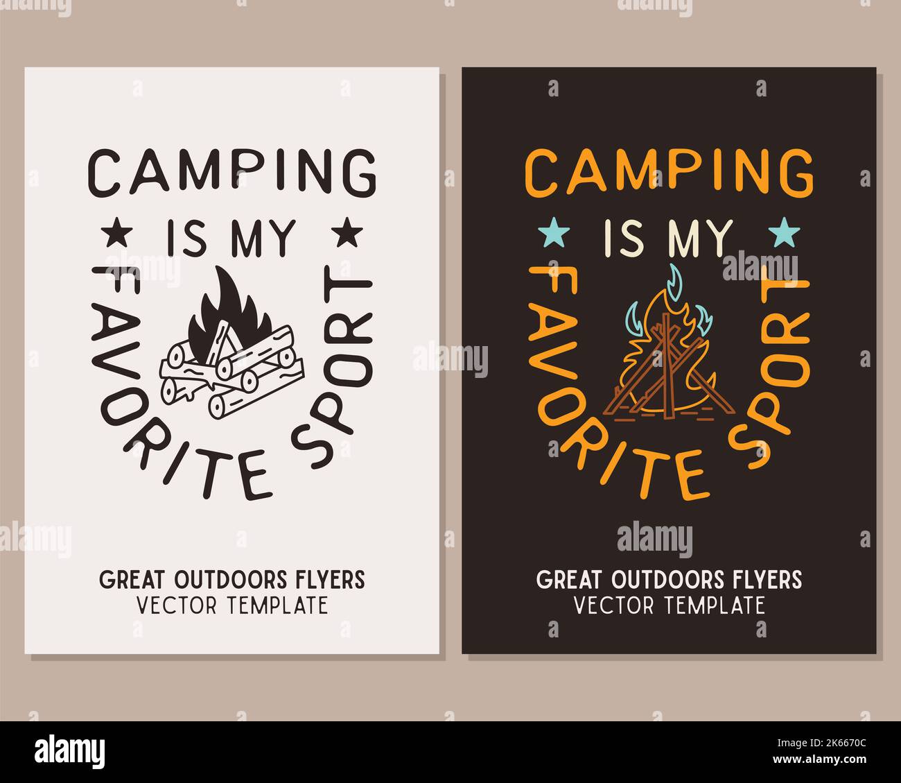 Camping flyer templates. Travel adventure posters set with line art and ...