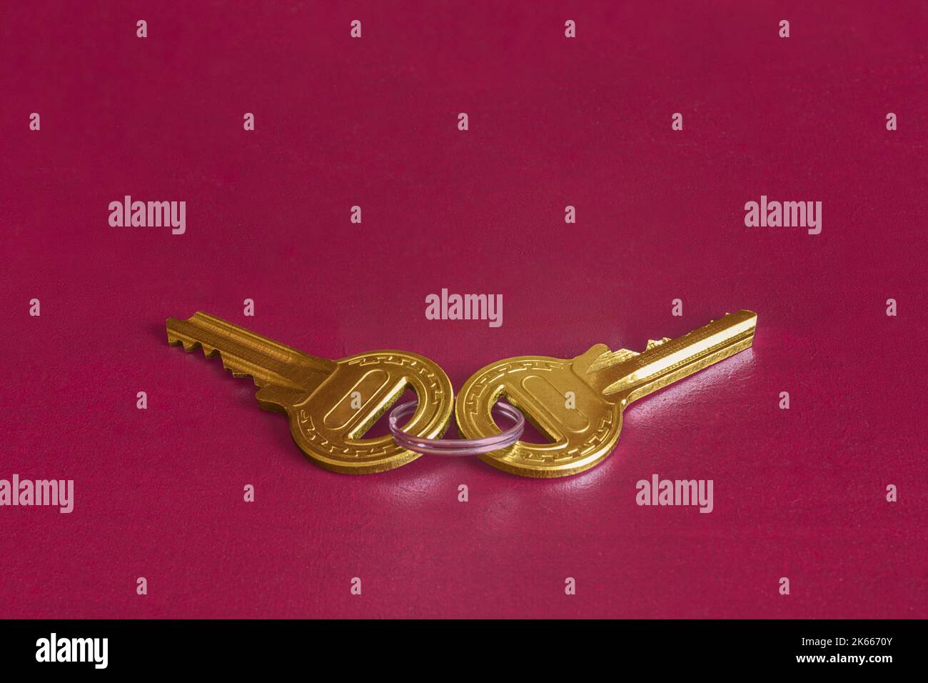 Two golden keys are joined by a metal ring on a colorful studio ...