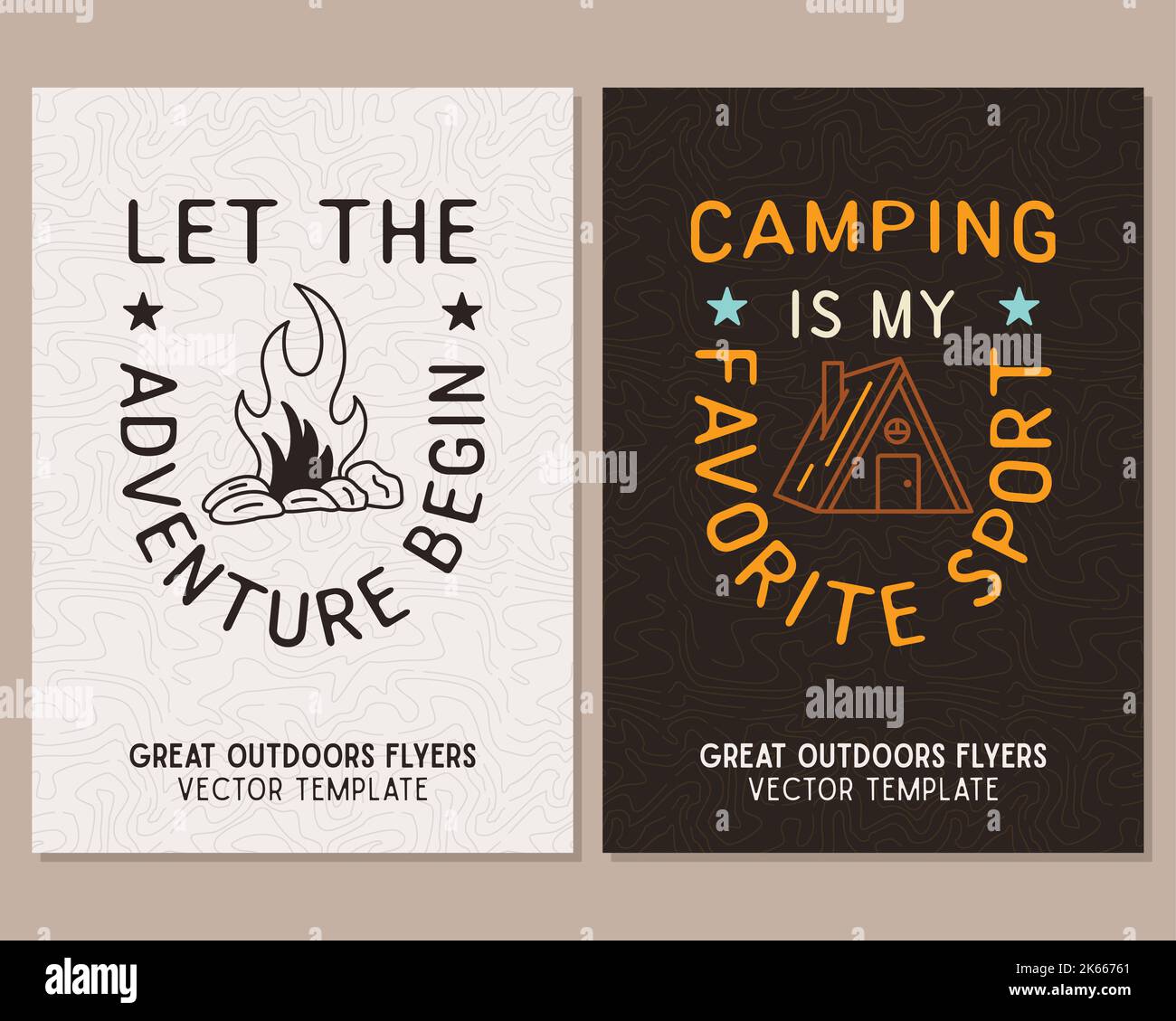 Camping flyer templates. Travel adventure posters set with line art and ...