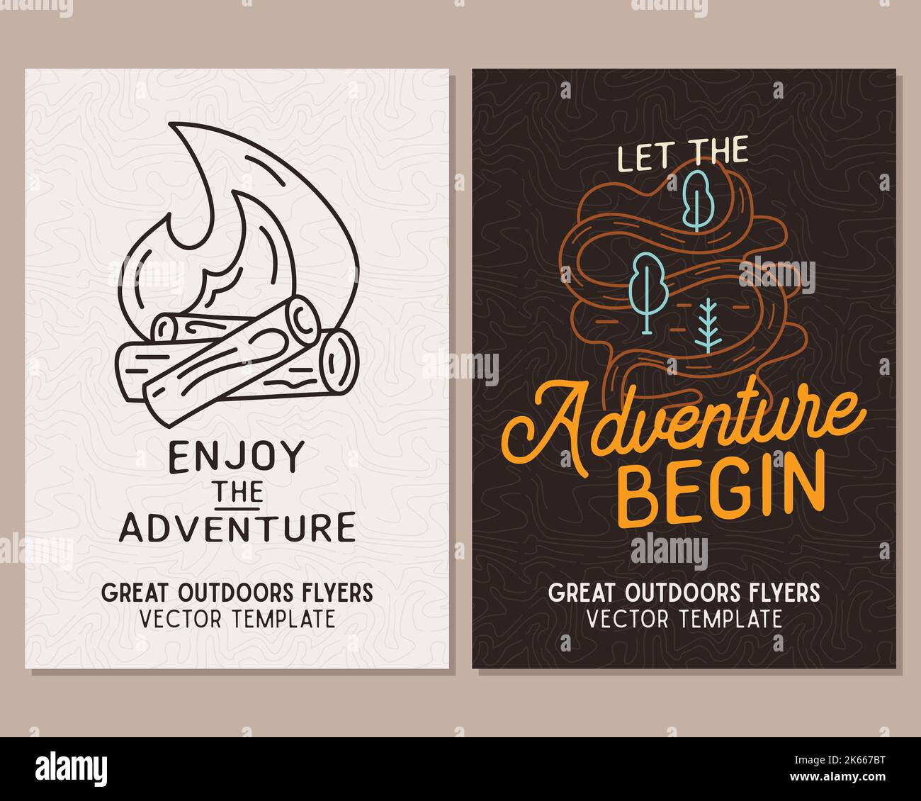Camping flyer templates. Travel adventure posters set with line art and ...