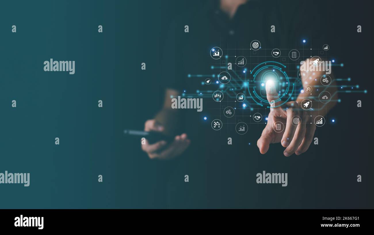 Man touching security scanning of digital programs. Digital ...