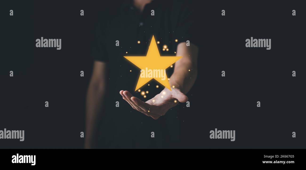Star rating on hand man. Customer evaluation feedback. Customer service ...