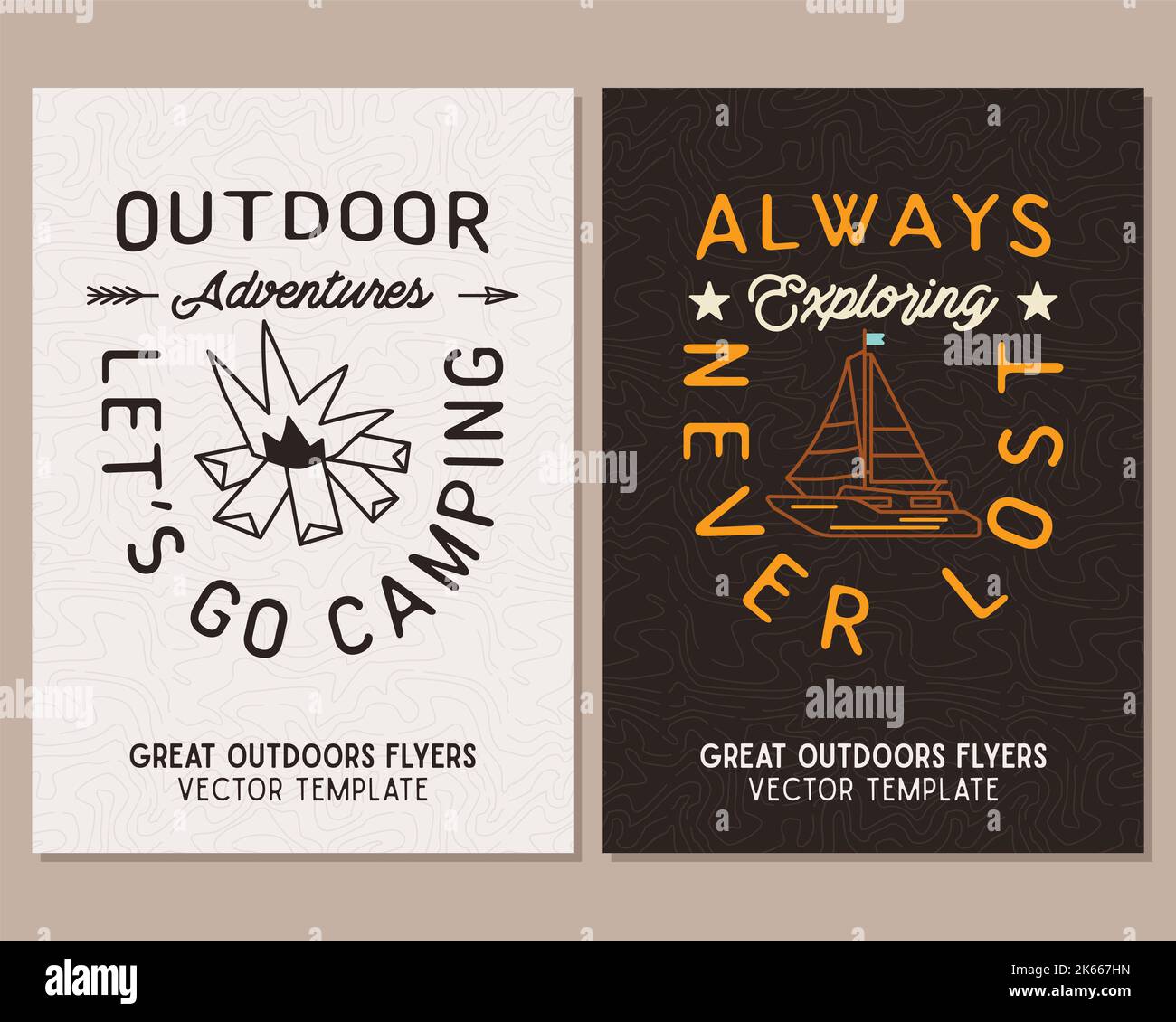 Camping flyer templates. Travel adventure posters set with line art and ...