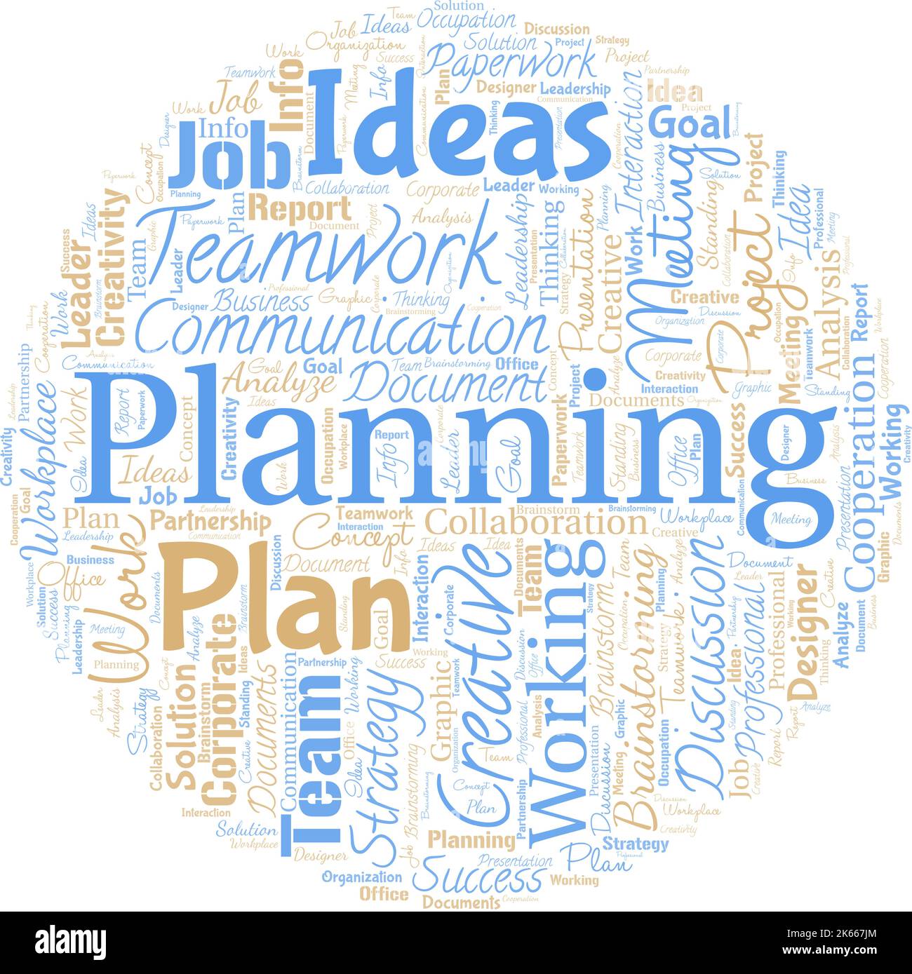 Big word cloud in the shape of circle with words planning. Process of ...