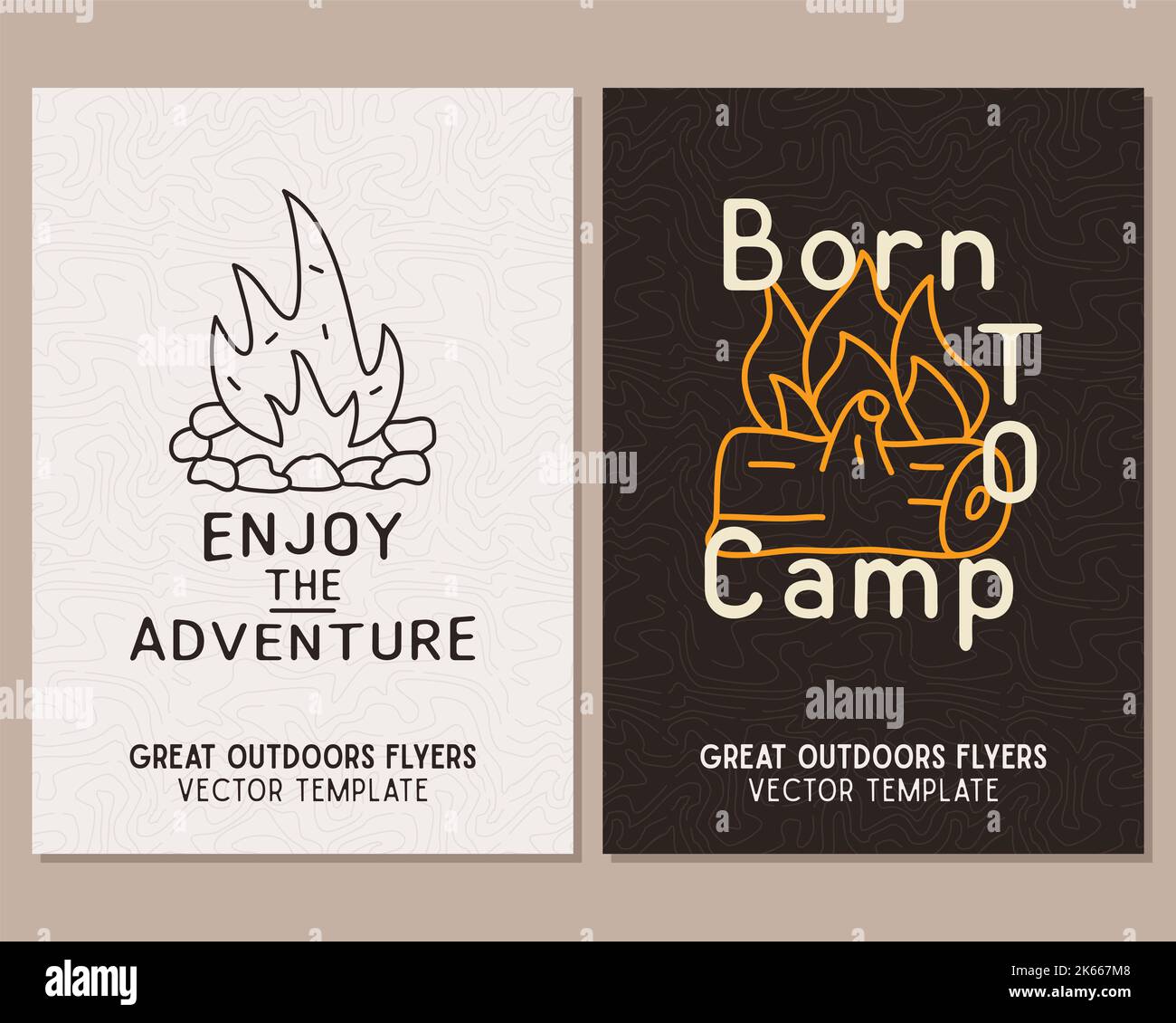 Camping flyer templates. Travel adventure posters set with line art and ...