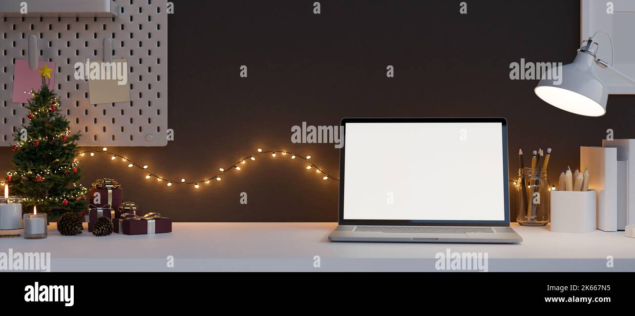Comfortable and minimal home working desk with Christmas decoration ...