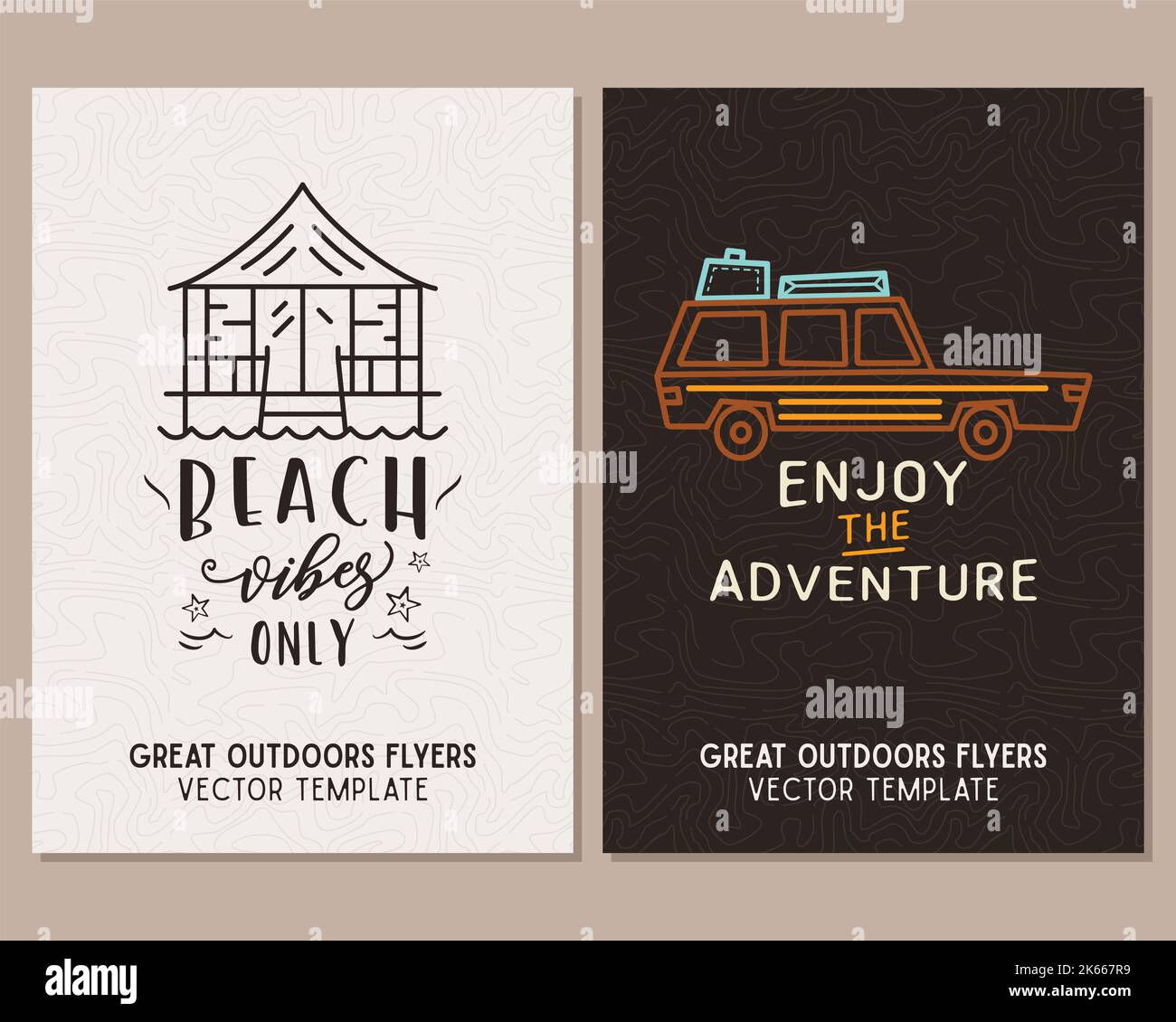 Camping flyer templates. Travel adventure posters set with line art and ...