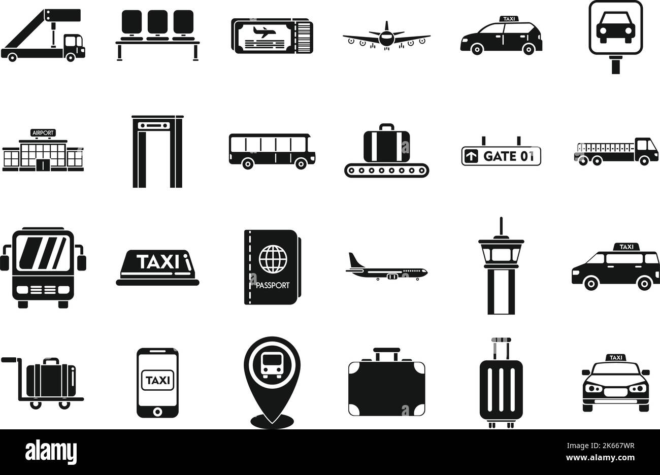 Airport transfer icons set simple vector. Flight lost. Time baggage ...