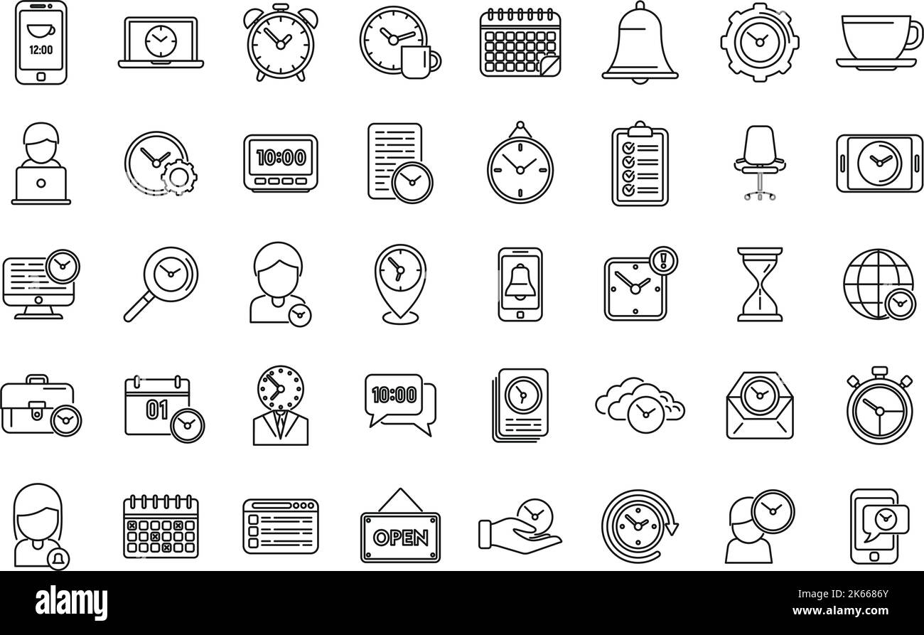 Flexible working hours icons set outline vector. Alarm clock. Work ... Flexible working hours icons set outline vector. Alarm clock. Work ...