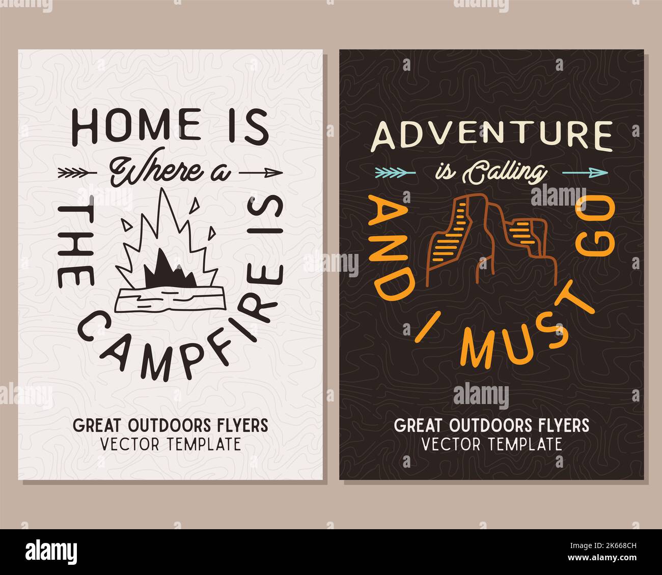 Camping flyer templates. Travel adventure posters set with line art and ...
