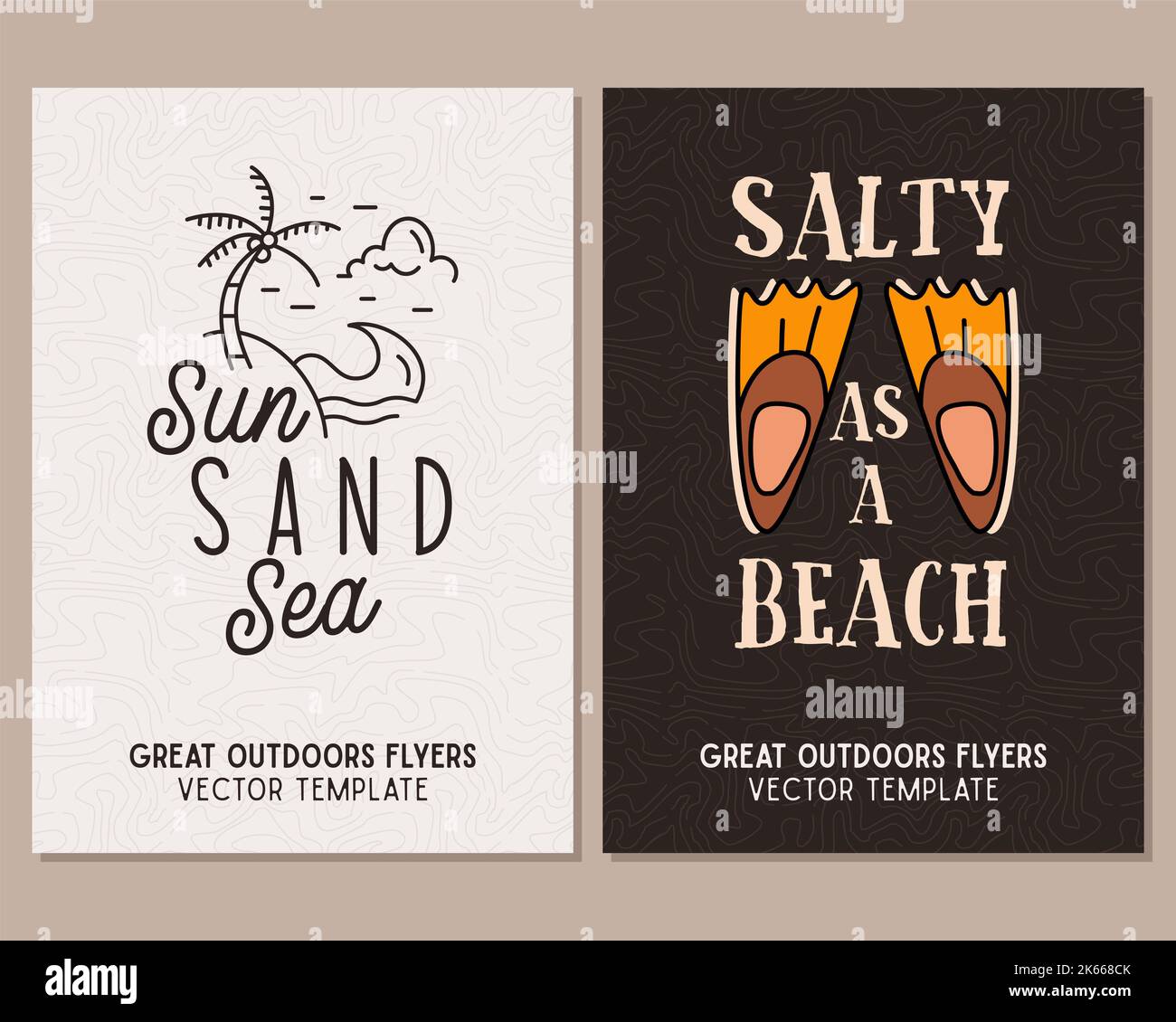 Camping flyer templates. Travel adventure posters set with line art and ...
