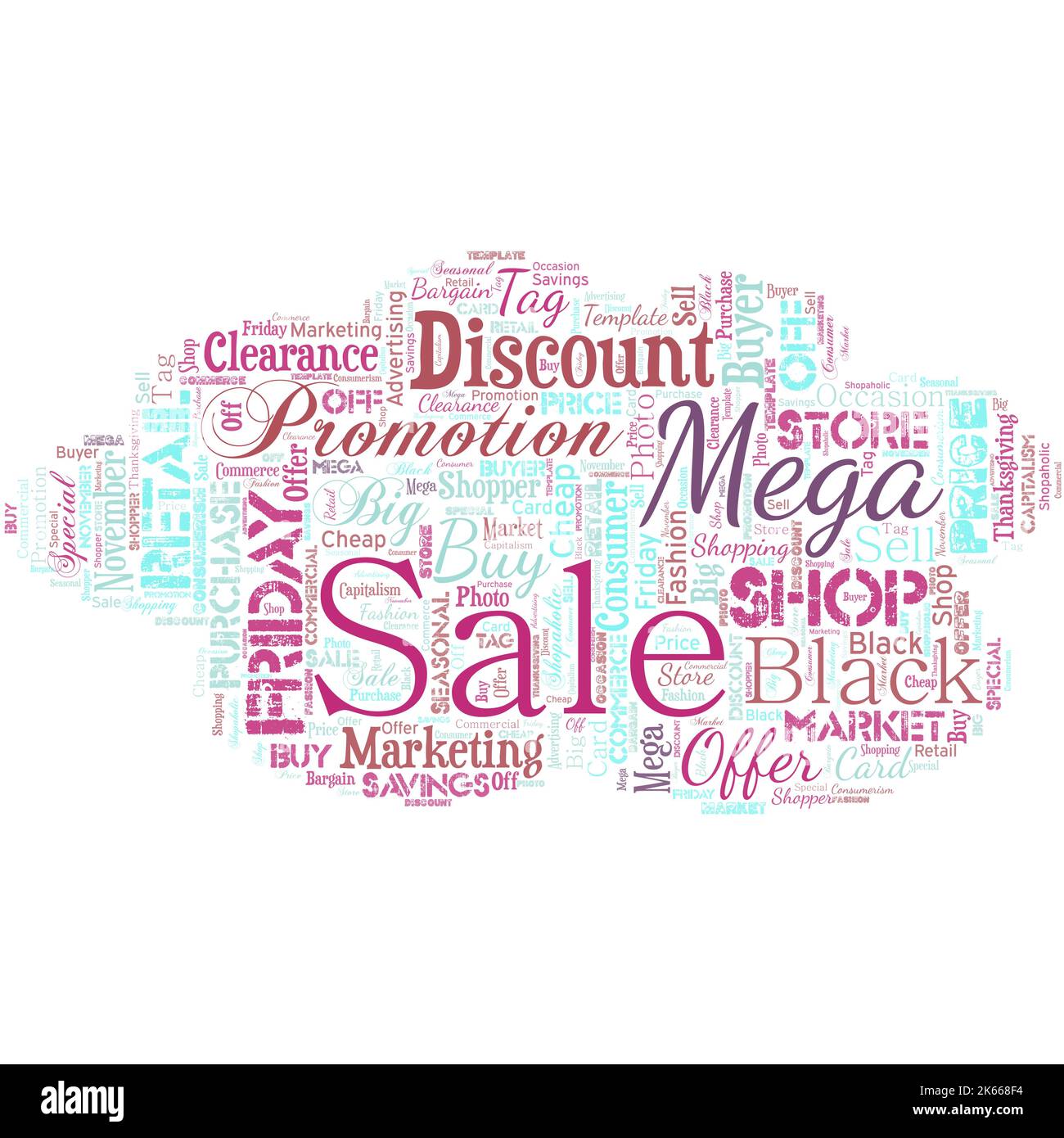 Big word cloud in the shape of UFO with words mega sale. The day full ...
