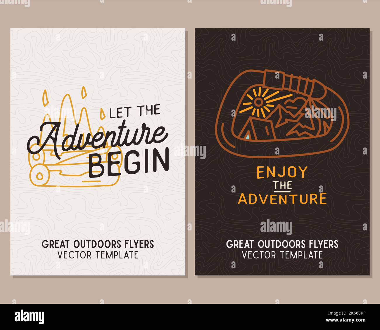 Camping flyer templates. Travel adventure posters set with line art and ...