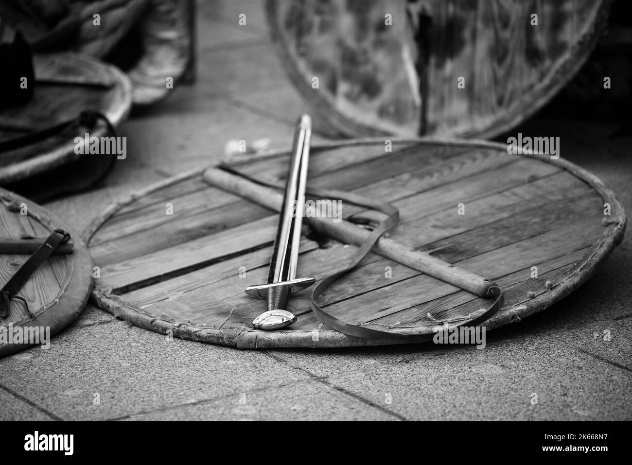 Wood shield and sword. Weapons of the Medieval Warrior. Reconstruction ...