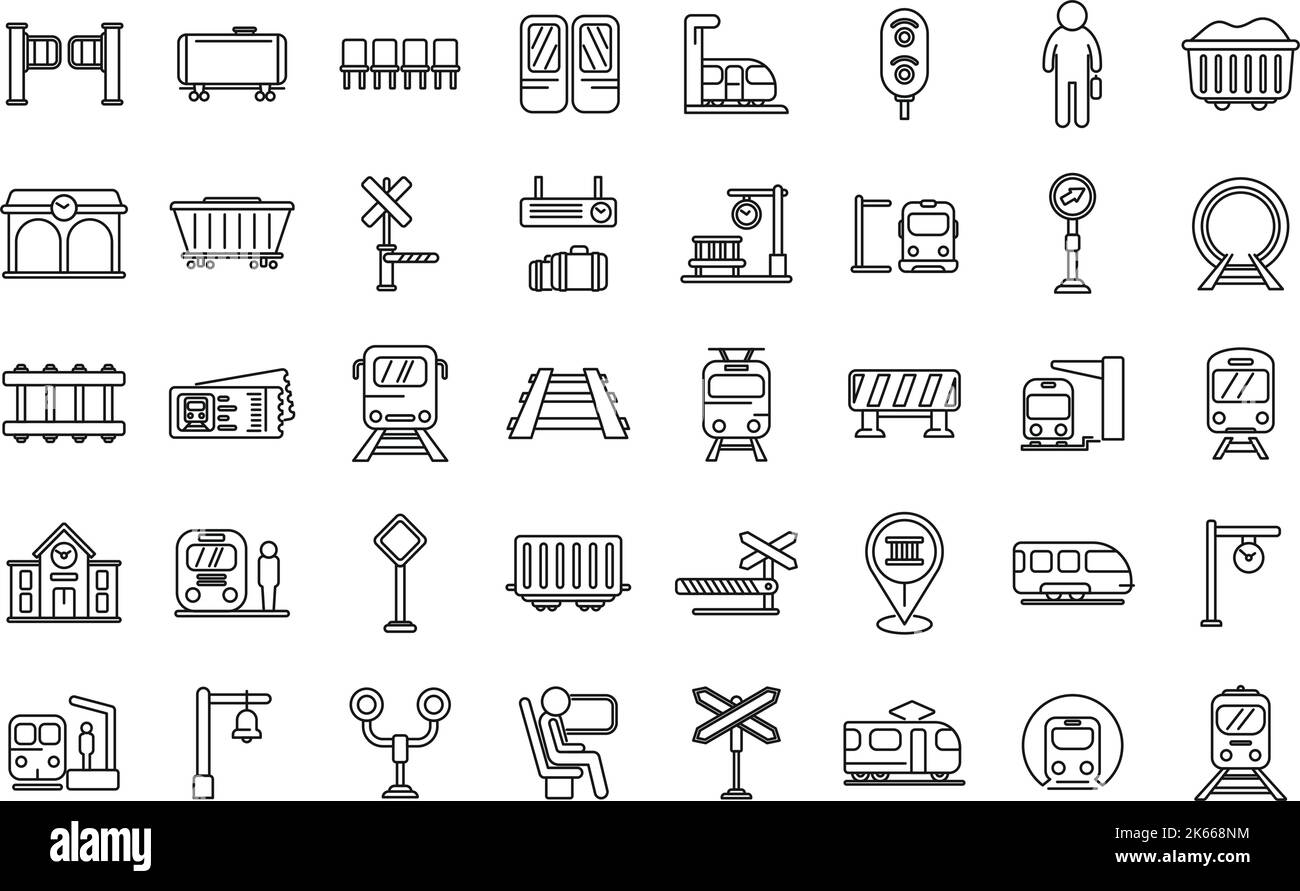 Railway platform icons set outline vector. Locomotive subway. Barrier ... Railway platform icons set outline vector. Locomotive subway. Barrier ...