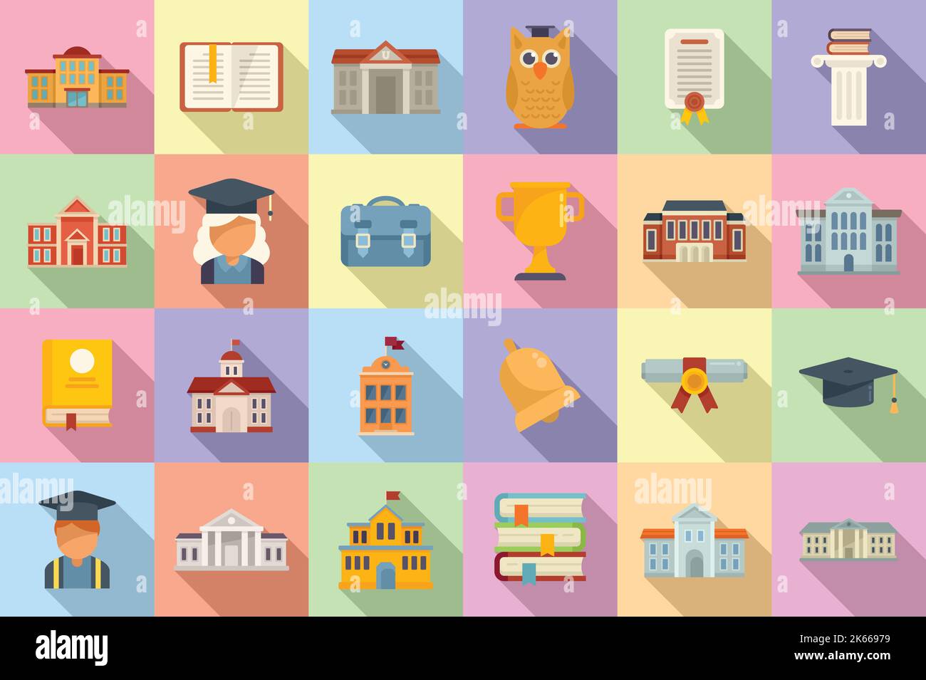 Campus icons set flat vector. University college. Academy education ...