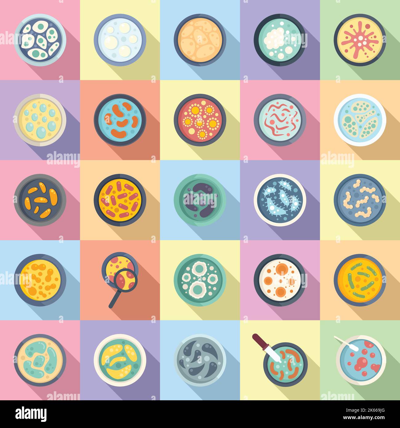 Petri dish icons set flat vector. Bacteria experiment. Dish culture ...
