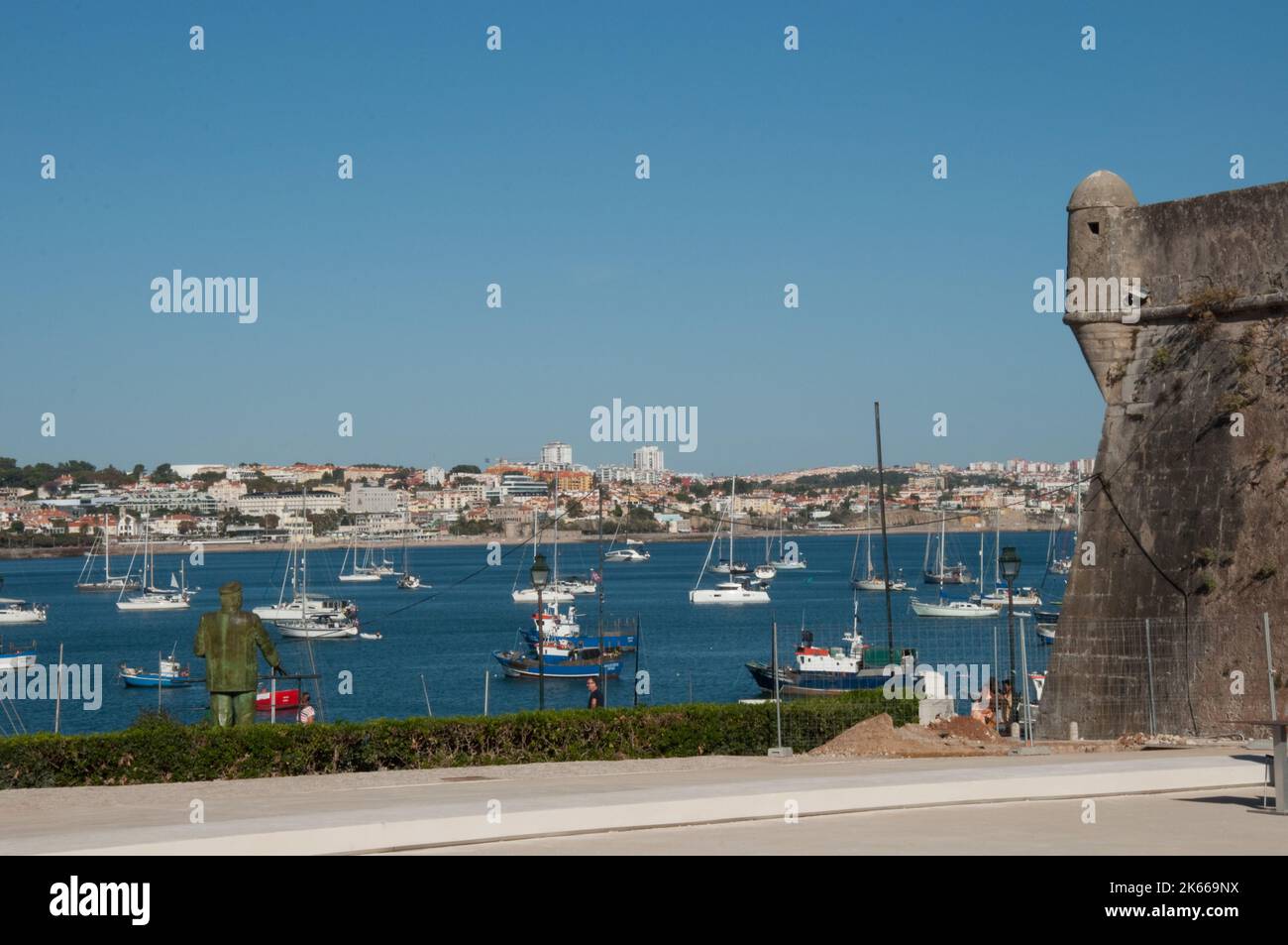 Small boats in Cascais Bay, Cascais, Portugal; Fortress of Nossa ...