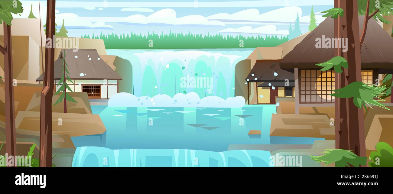 Traditional Japanese house. Near waterfall and river. Small village ...