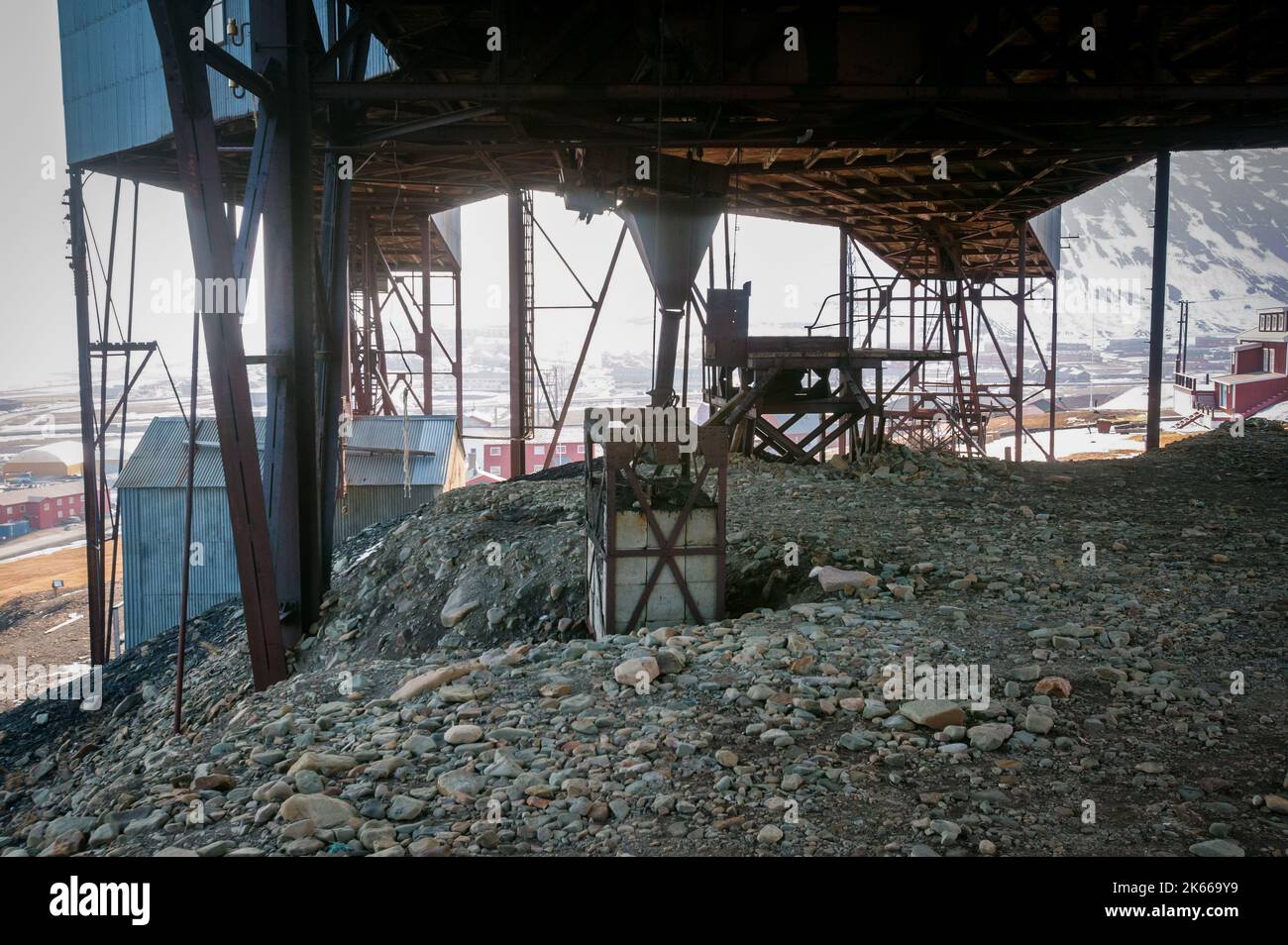 Old coal transporting system and building just outside the arctic town ...