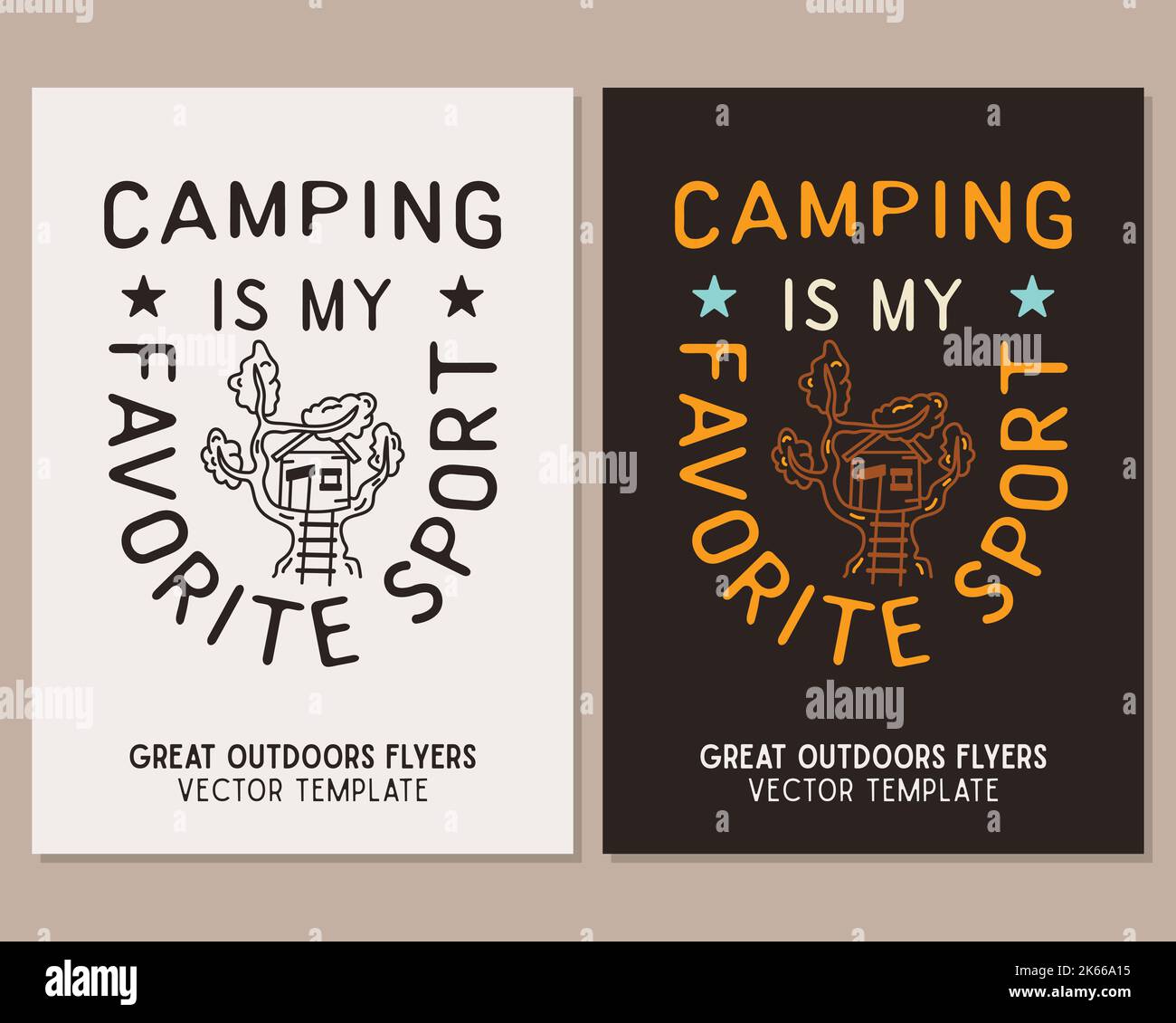 Camping flyer templates. Travel adventure posters set with line art and ...