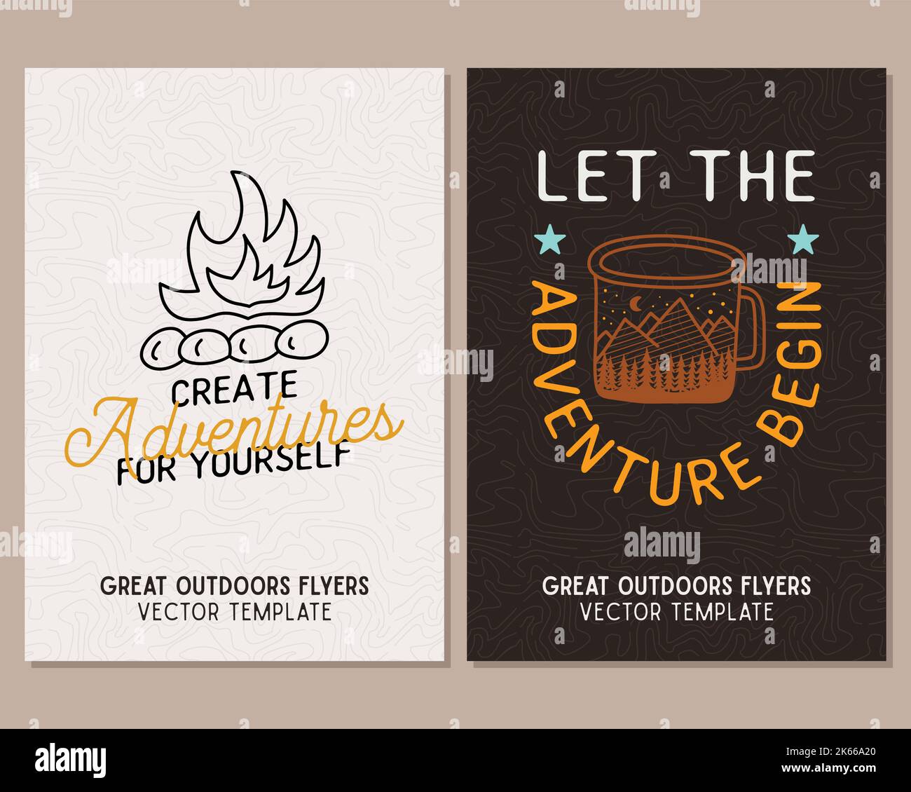 Camping flyer templates. Travel adventure posters set with line art and ...