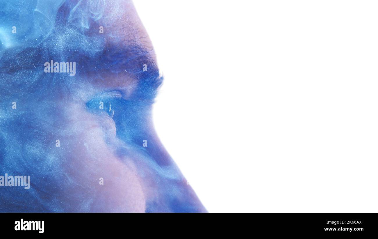 spiritual enlightenment aura energy face blue mist Stock Photo - Alamy