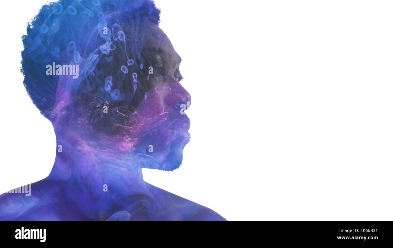 spiritual chakra pensive man face purple blue mist Stock Photo - Alamy