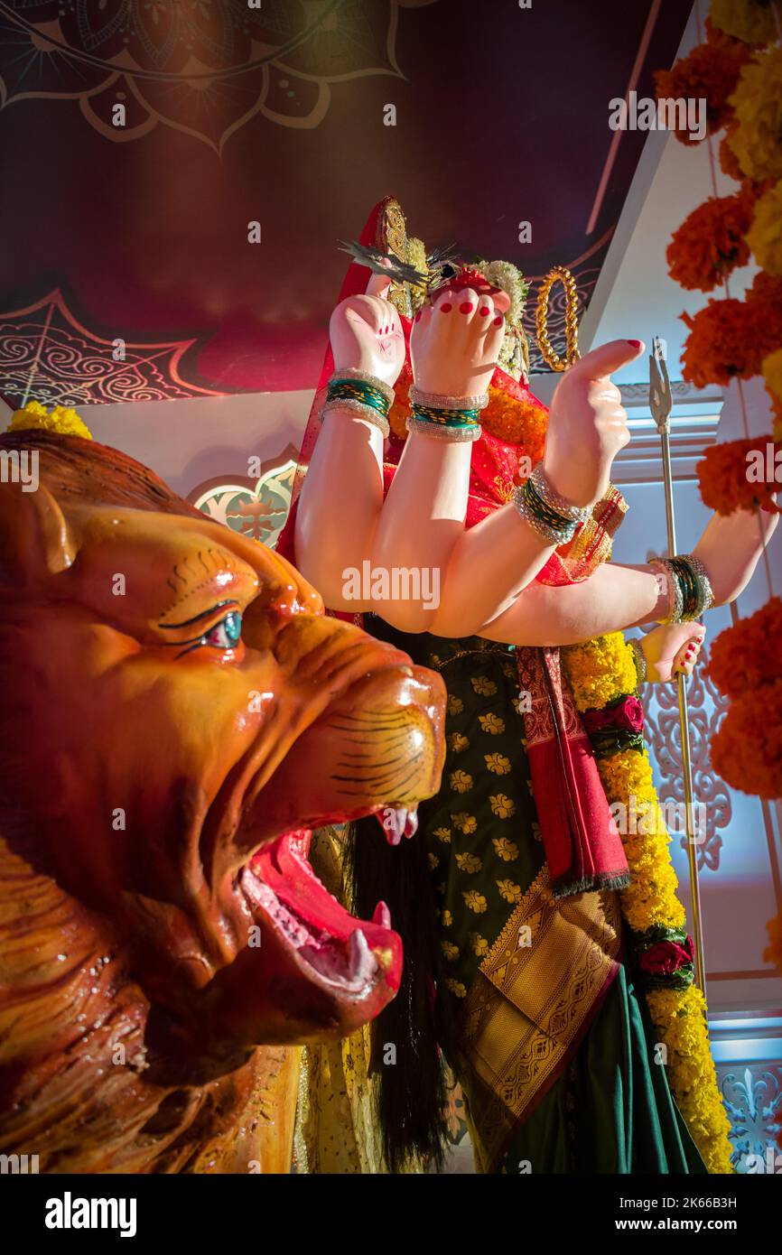 A beautiful idol of Maa Durga being worshipped at a mandal in Mumbai ...