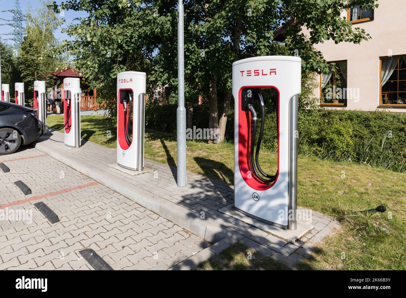 VESTEC, CZECH REPUBLIC - JULY, 19, 2022.Supercharger Tesla station ...