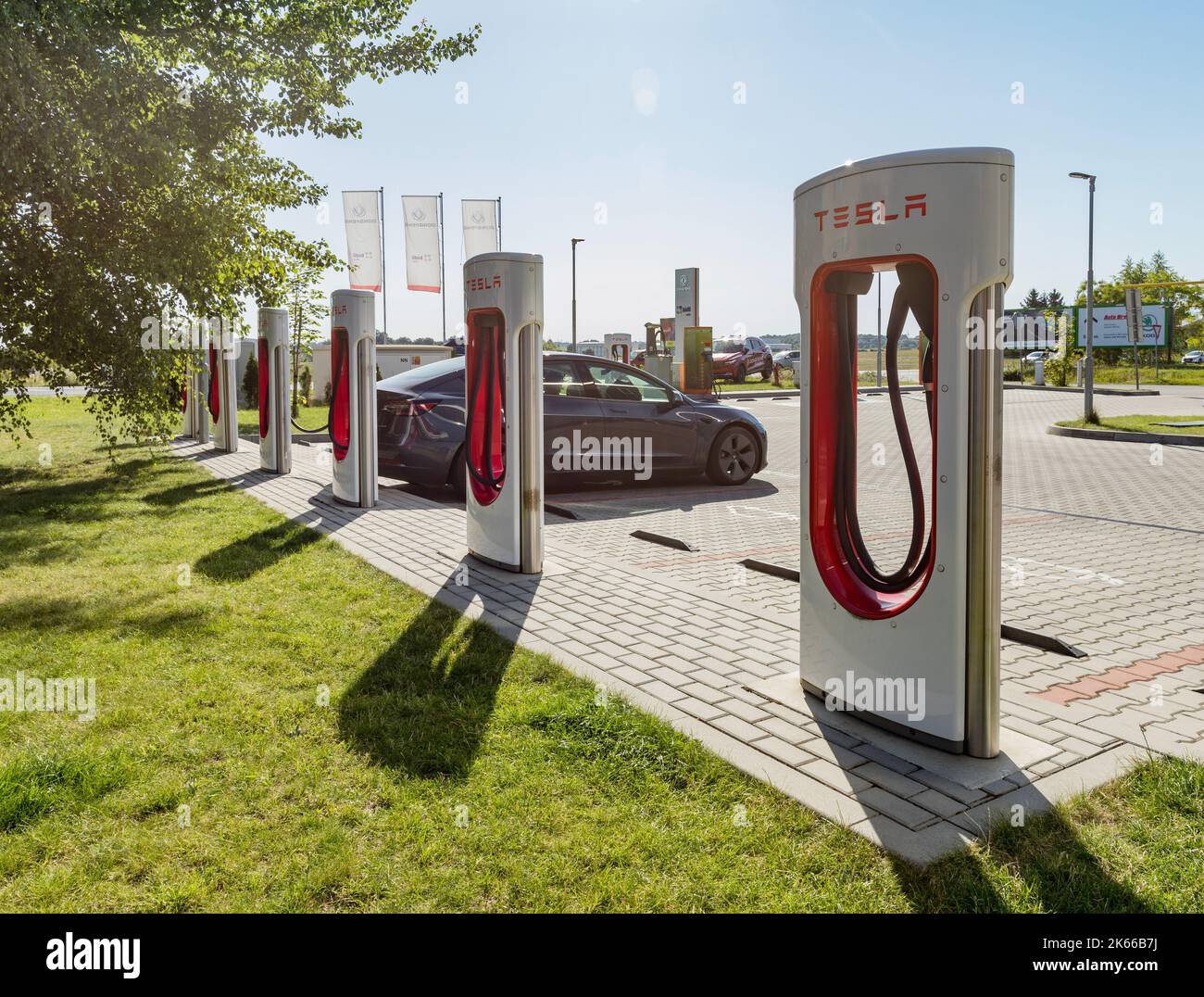 VESTEC, CZECH REPUBLIC - JULY, 19, 2022.Supercharger Tesla station ...
