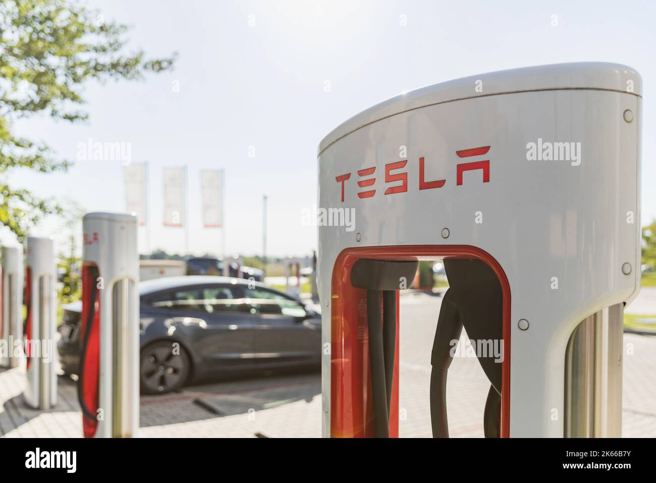 VESTEC, CZECH REPUBLIC - JULY, 19, 2022.Supercharger Tesla station ...