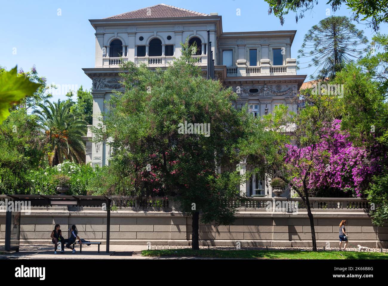 The facade of historical Palacio Bruna palace in Santiago, Chile with ...