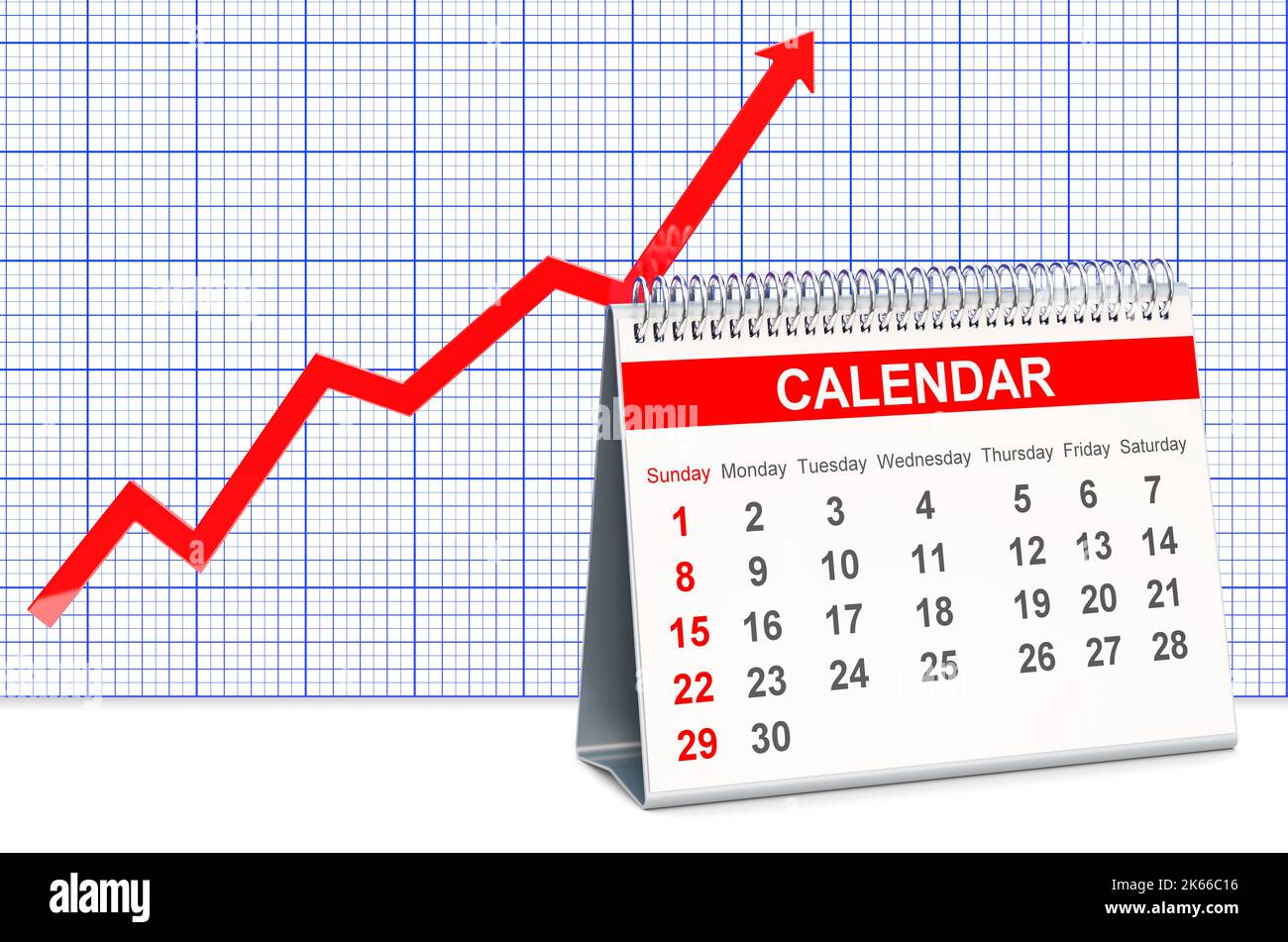 Desk calendar with growing chart. 3D rendering isolated on white ...