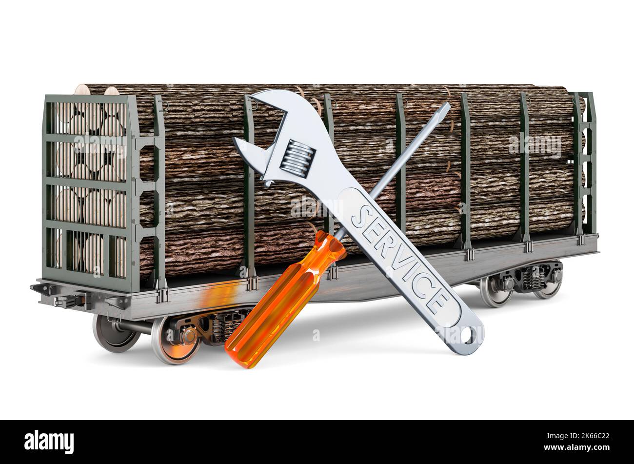 Freight wagon with wooden logs with screwdriver and wrench, 3D ...