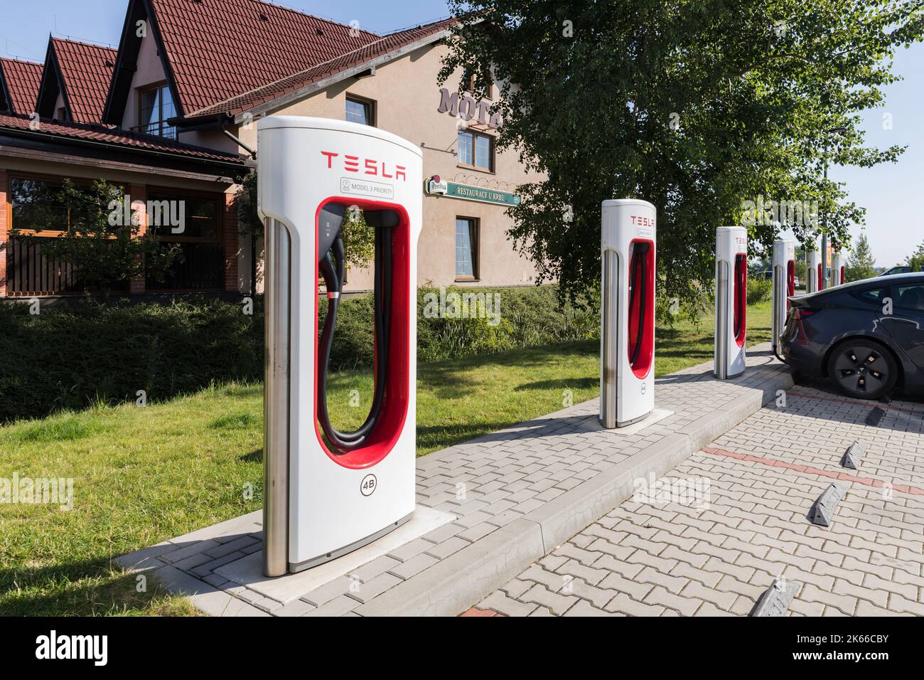 VESTEC, CZECH REPUBLIC - JULY, 19, 2022.Supercharger Tesla station ...