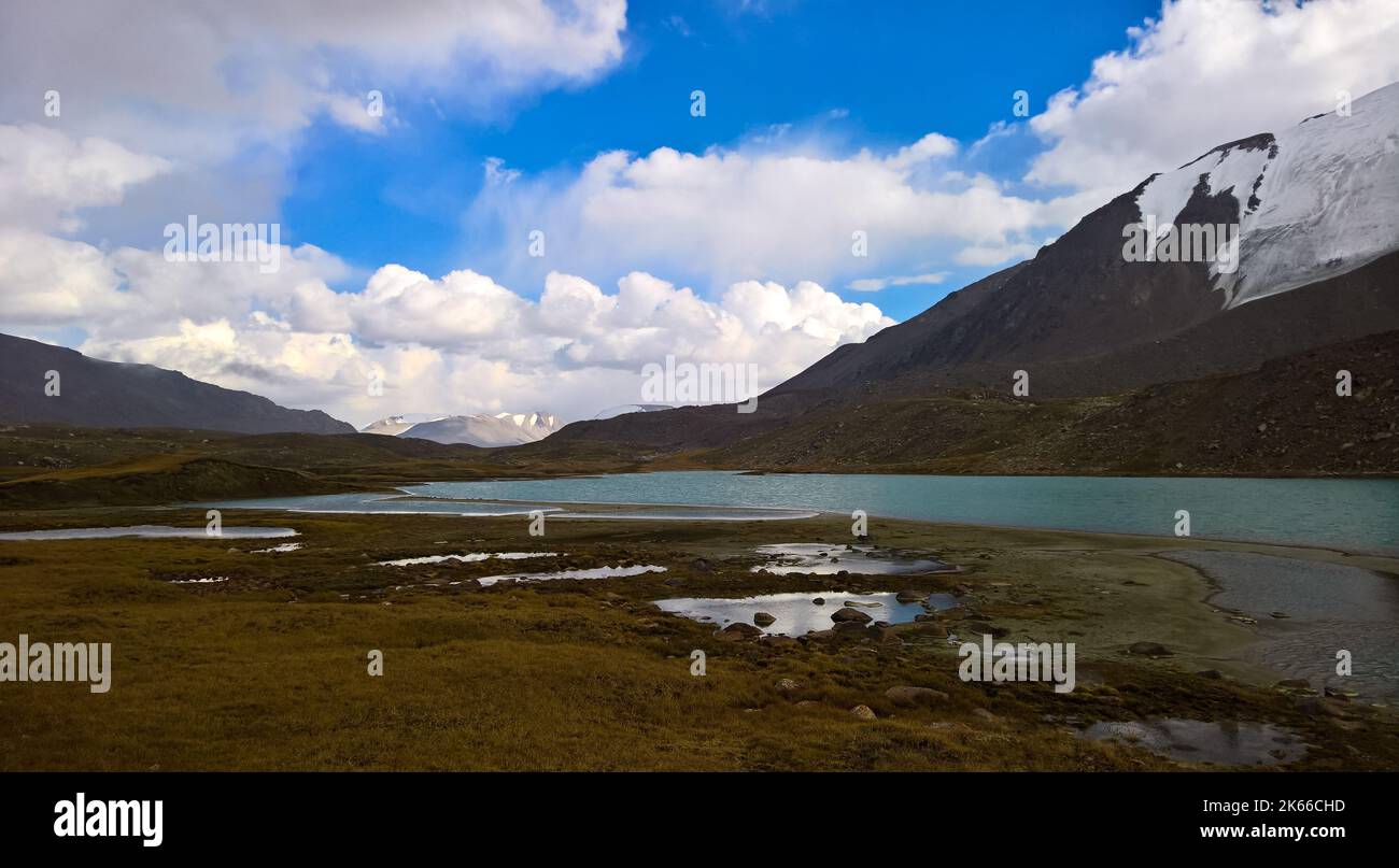 Panoramic view to lakes at Barskoon pass, river and gorge and ...